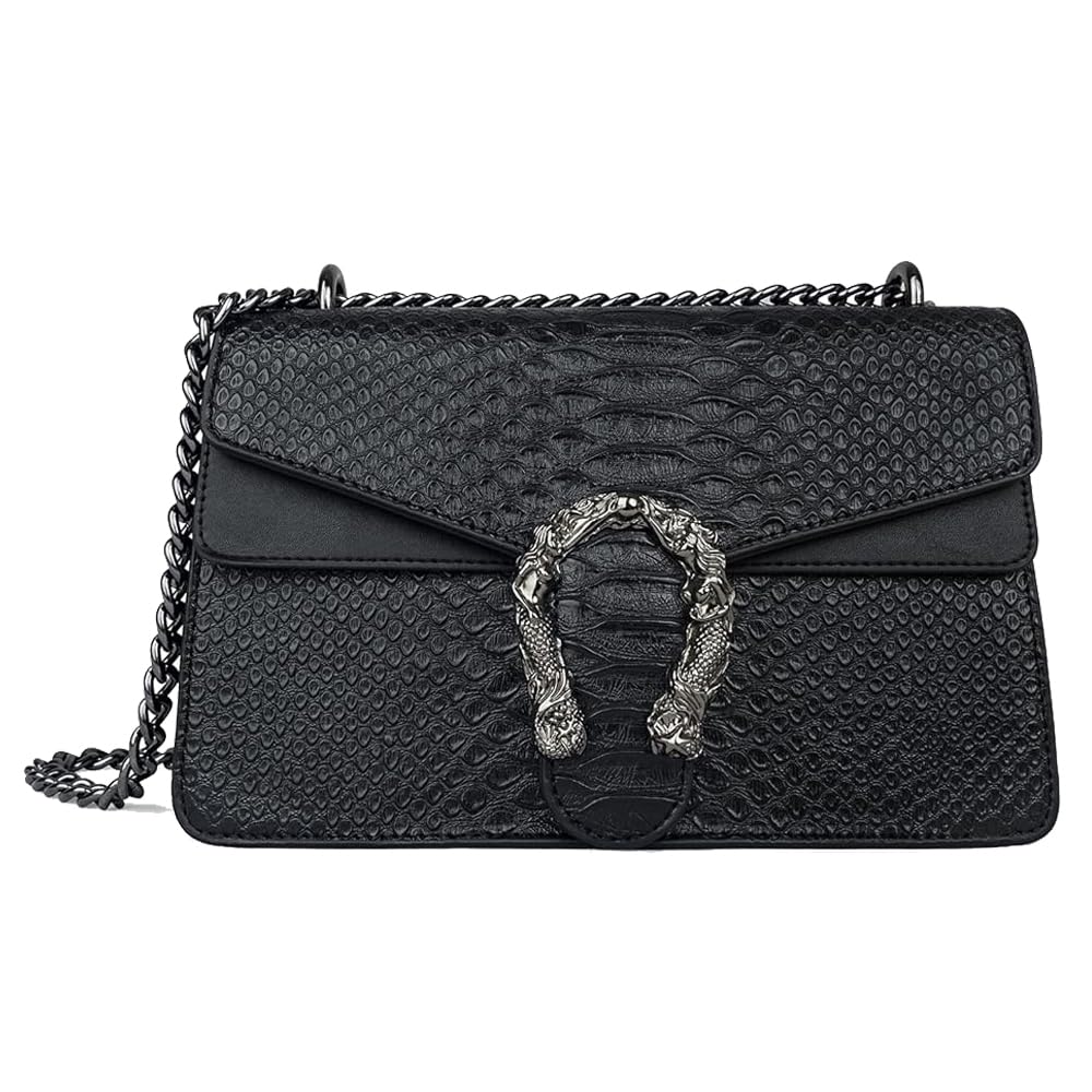 JBB Women's Crossbody Shoulder Bag Retro Snakeskin Solid Color Chain Strap Clutch Leather Bag Black