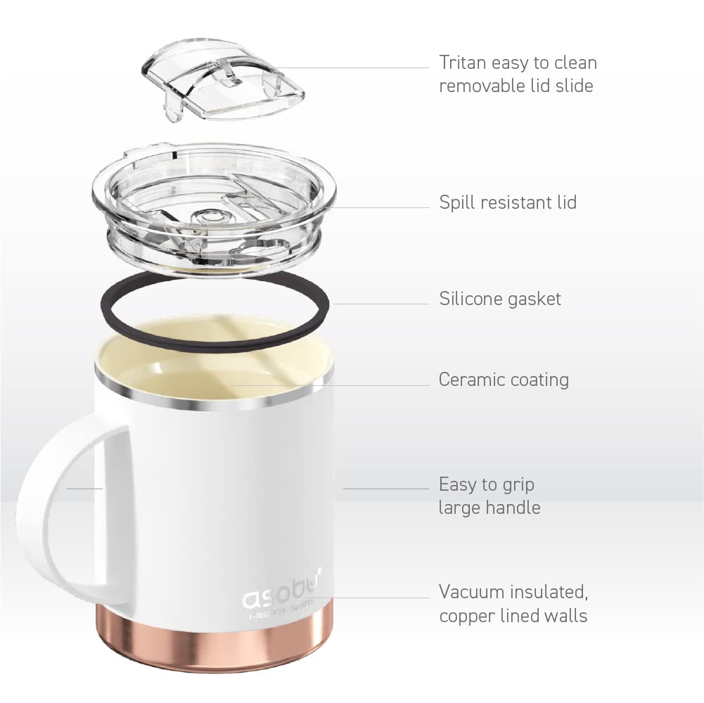 asobu Ultimate Stainless Steel Ceramic Inner Coating Coffee Mug with Double Walled Copper Lining Insulation,12 Ounces (White)