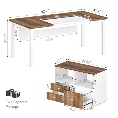 LITTLE TREE 63-inch L-Shaped Executive Computer Desk and File Cabinet, Office Desk with Drawers Filing Cabinet,Credenza Desk Set for Home Office