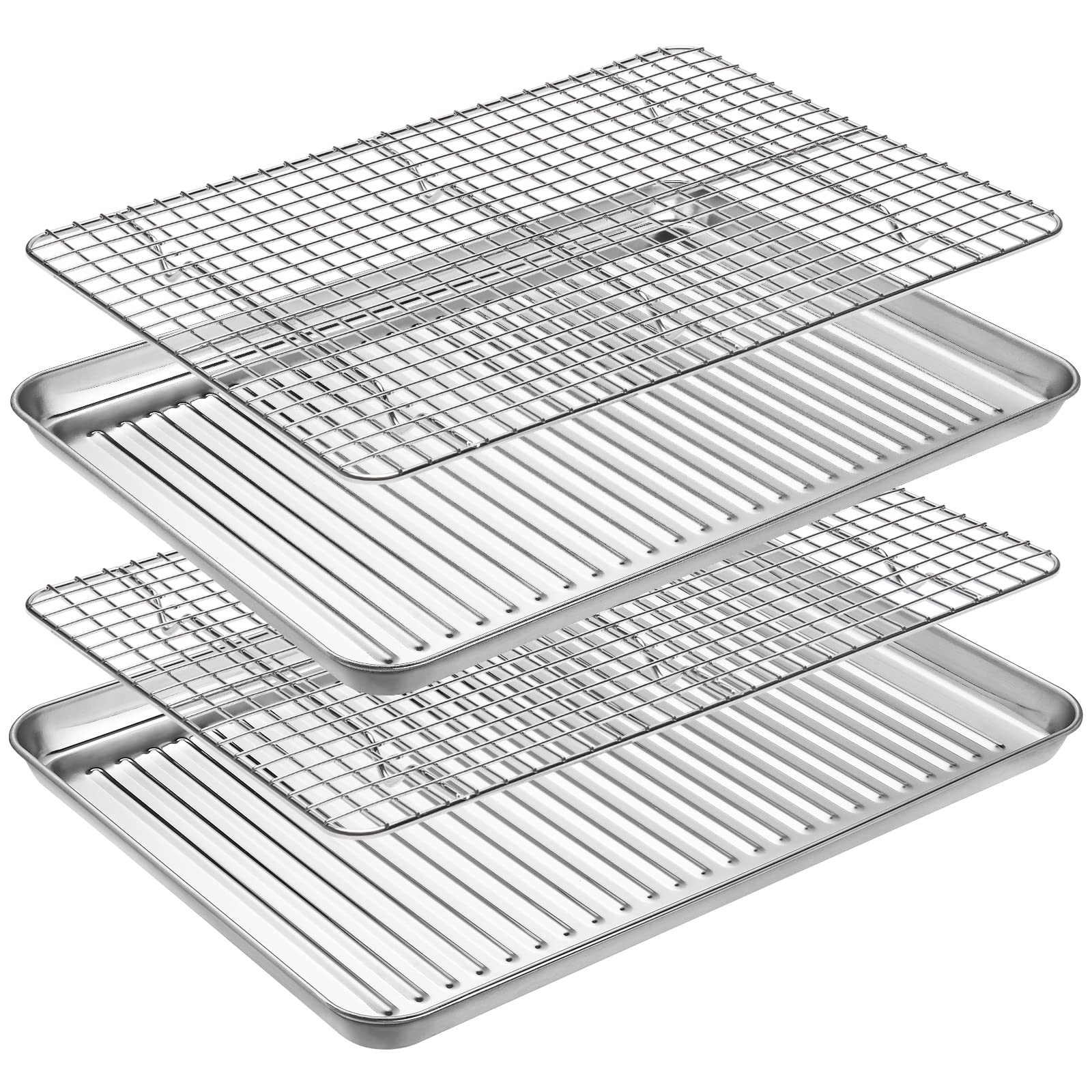 Baking Sheet with Wire Rack Set (2 Baking Pans + 2 Cooling Racks), CEKEE Stainless Steel Cookie Sheets for Baking Sheet Pan Tray, Jelly Roll Pan, Warp Resistant & Heavy Duty, Size 16 x 12 x 1 Inches