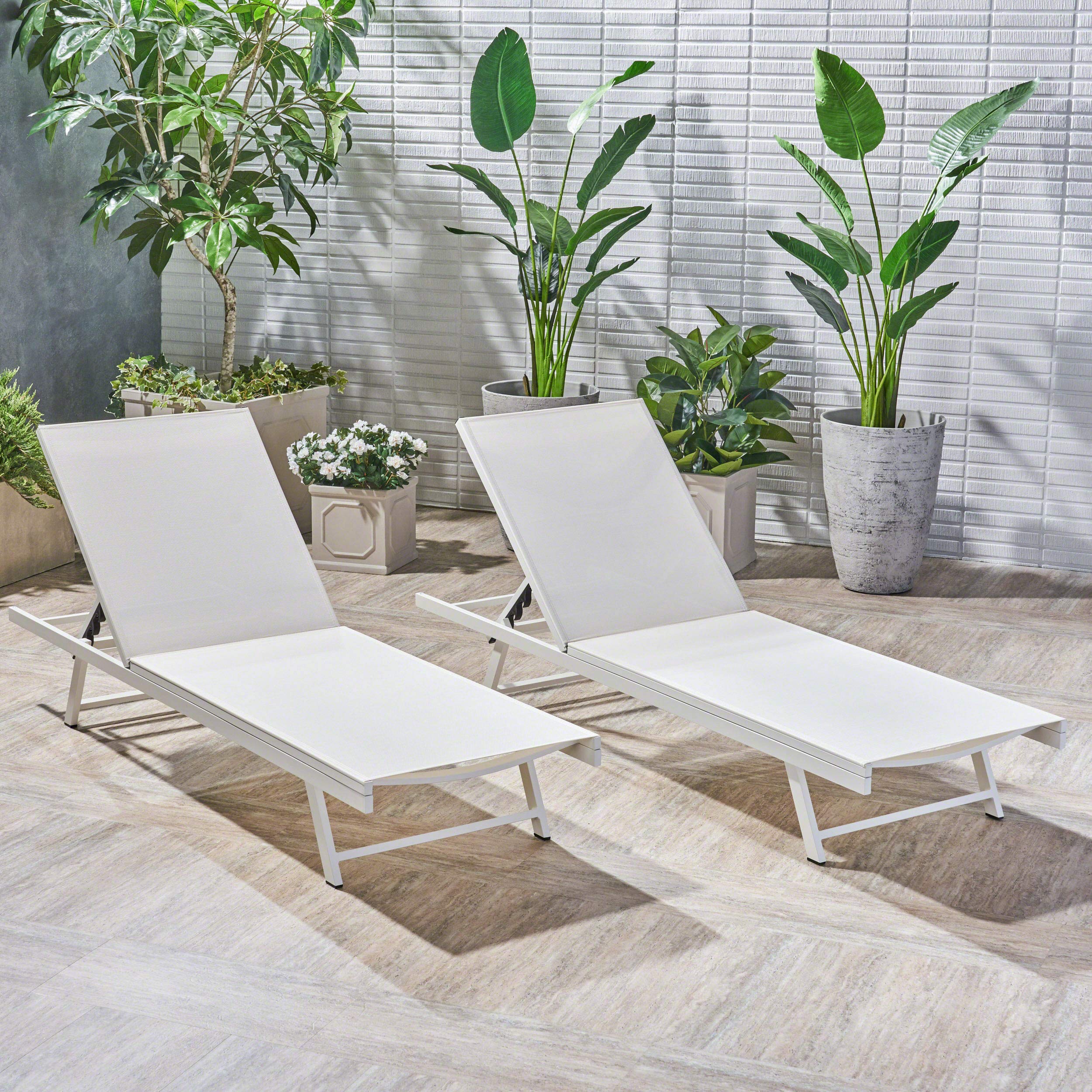 Christopher Knight Home Salton Outdoor Aluminum and Mesh Chaise Lounge Set, 2-Pcs Set, White / White