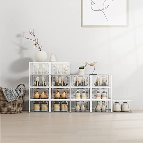 ENSNG Large 12 Pack Shoe Storage Organizer for Closet, Clear Plastic Stackable, Shoe Sneaker Containers