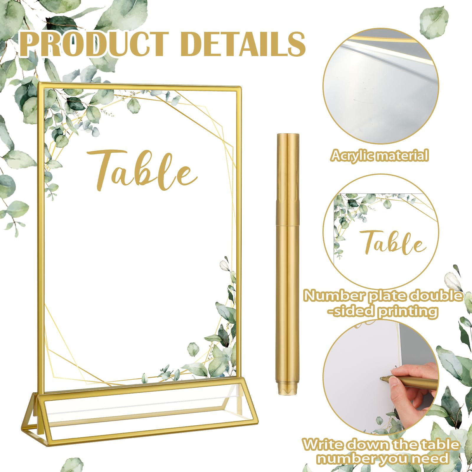 Threehoney 12 Pack Wedding Table Number Holders with 25 Pcs Eucalyptus Table Number Cards 5x7 Inch Gold Acrylic Table Number Frames with Number Cards for Wedding Reception Birthday Bridal Party