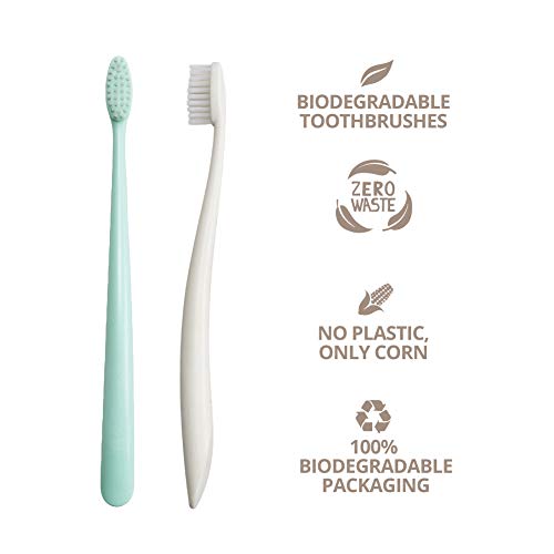 The Natural Family Co. Bio Toothbrush, Soft Nylon Bristles with Non GMO Cornstarch Handles, Plastic Free Packaging and Ivory Desert and Rivermint Twin Pack