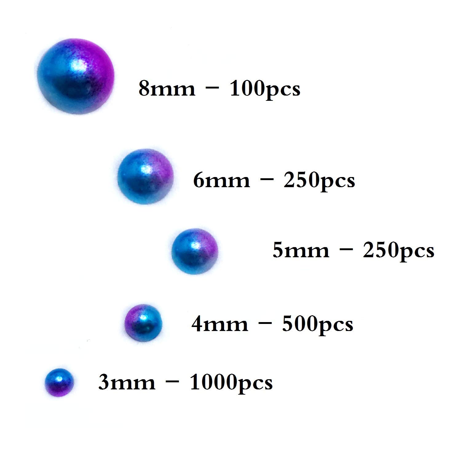 Amaney 2100pcs Satin Luster ABS Gradient Imitation Pearls Half Round Pearls Assorted Mixed Sizes 3/4/5/6/8mm Flatback Pearl Beads DIY Material (Blue)