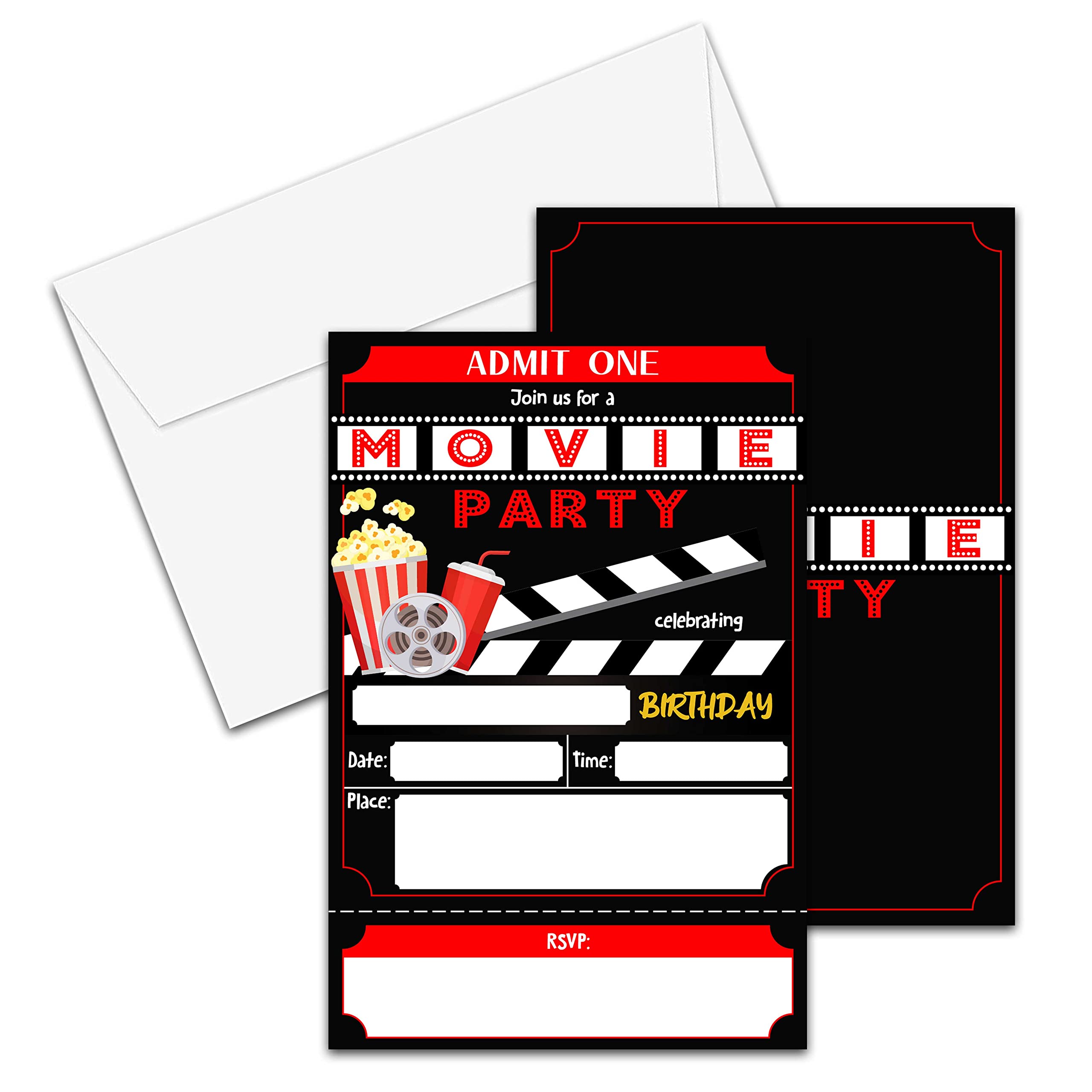 YQV Movie Night Birthday Invitations, 20-Count Birthday Party Invitations With Envelopes, Movie Ticket Style Birthday Party Decorations And Supplies-HBYQK-A15