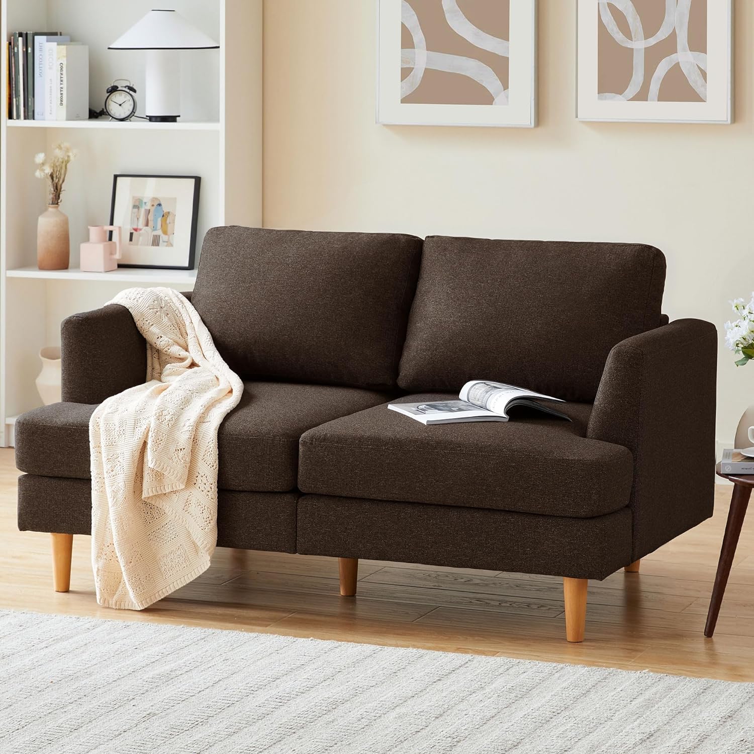 Busaurus Loveseat Sofa 65" Mid Century Modern Small Couches for Small Spaces Love Seat with 2-3 Seat Upholstered Cushion Sofa Couches for Bedroom Small Couch for Living Room Apartment (Brown)