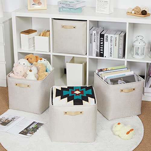 Bidtakay Fabric Storage Cubes Baskets Large 13x13 Set of 4 Soft Storage Bins for Shelves Clothes Toy Storage Collapsible Baskets for Linen Closet Organization Cube Bins for Nursery Home (Light Beige)