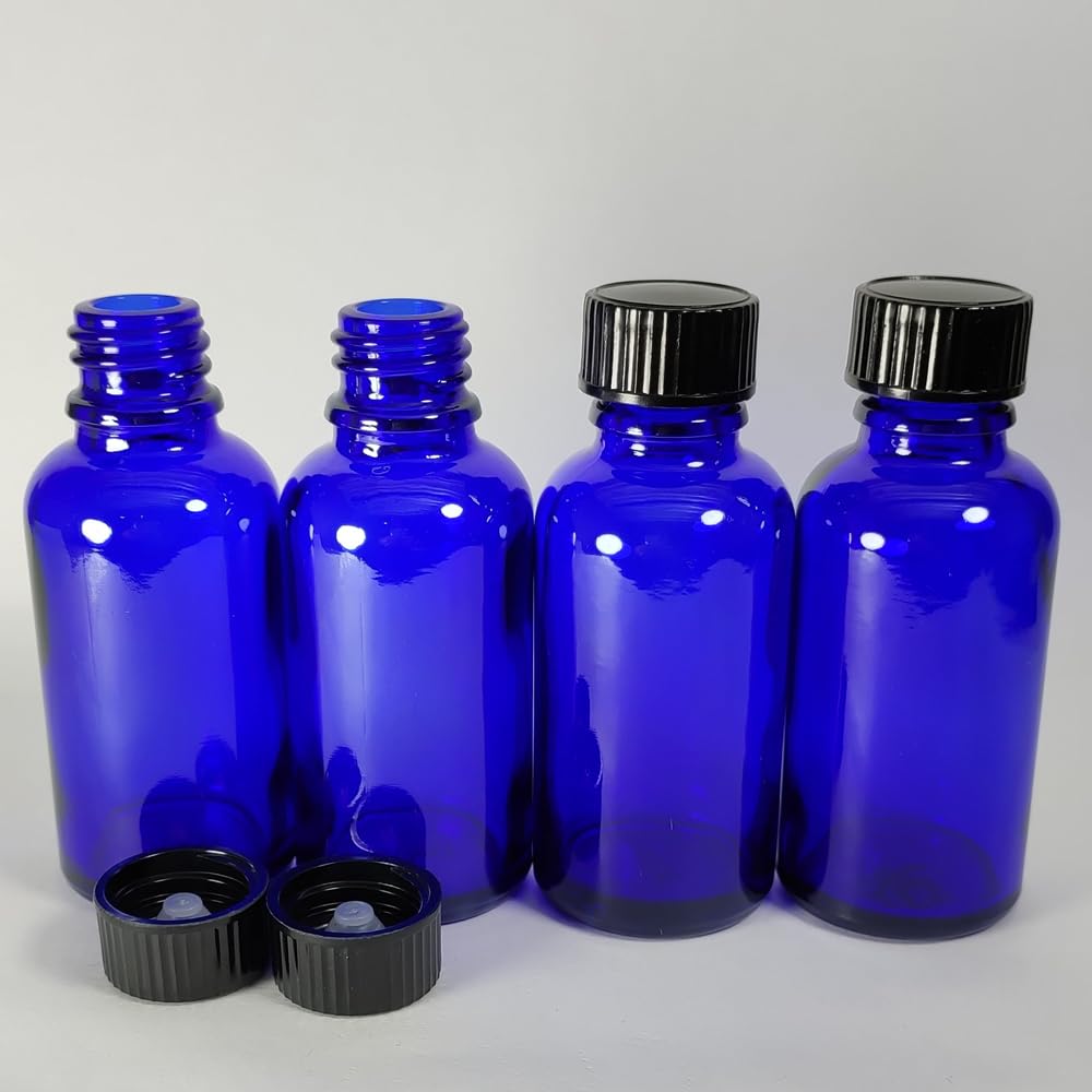 PIPIBA 24Pack 1oz(30ml) Boston Glass Bottle. Essential Oil Bottle With Lid. For Perfume, Aromatherapy, Lab Refillable Sample Vials (Blue)