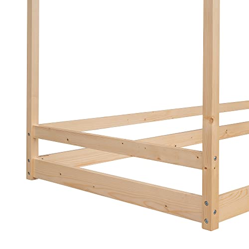 AOCOROE Twin Size House Bed Frame Floor Montessori House Bed Canopy Bed for Boys and Girls. House Shaped Wood Twin Bed Frame Without Slats, Natural
