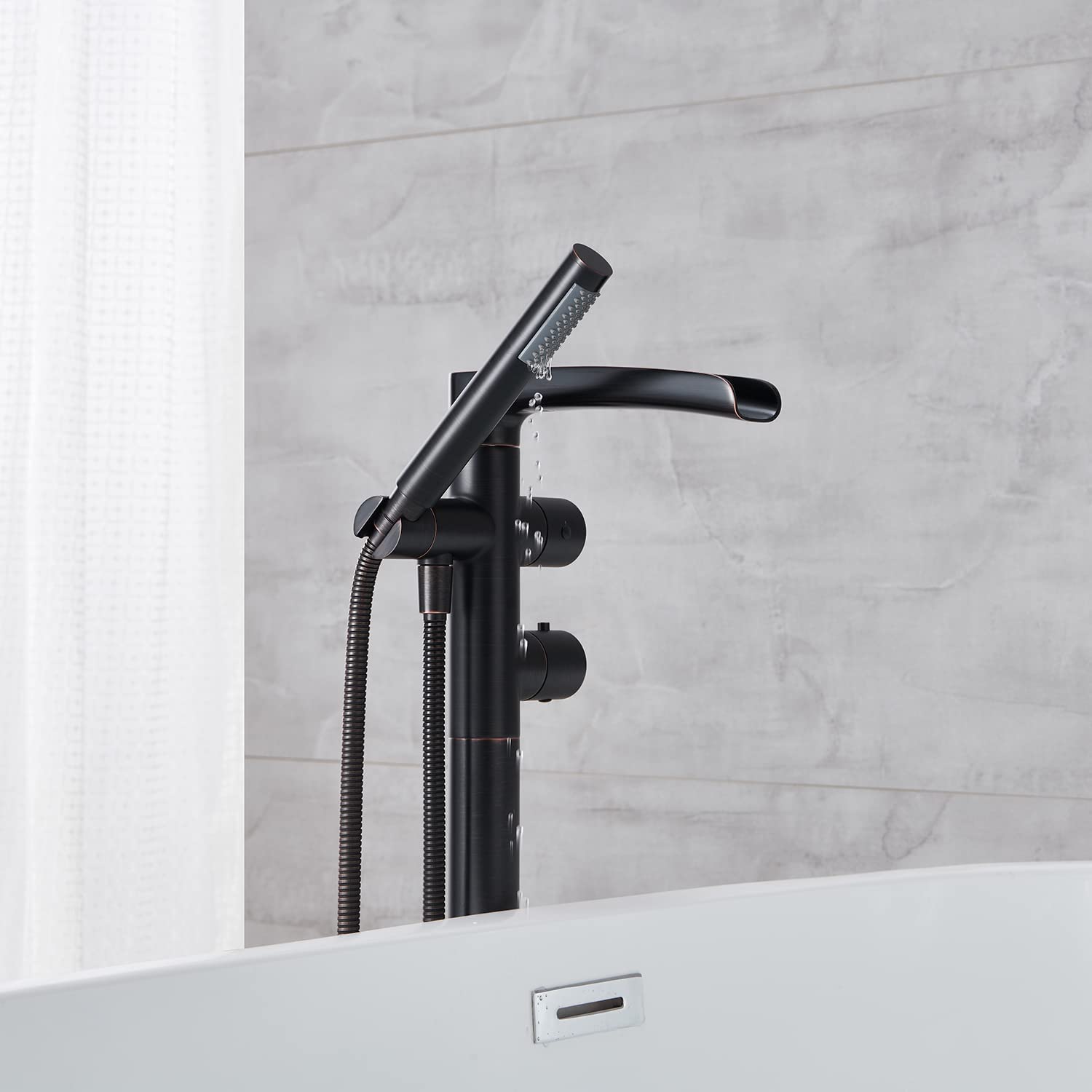 Qinkell Thermostatic Freestanding Tub Filler Floor Mount Waterfall Bathtub Faucet Oil-Rubbed Bronze Bathroom Taps with Handheld Shower