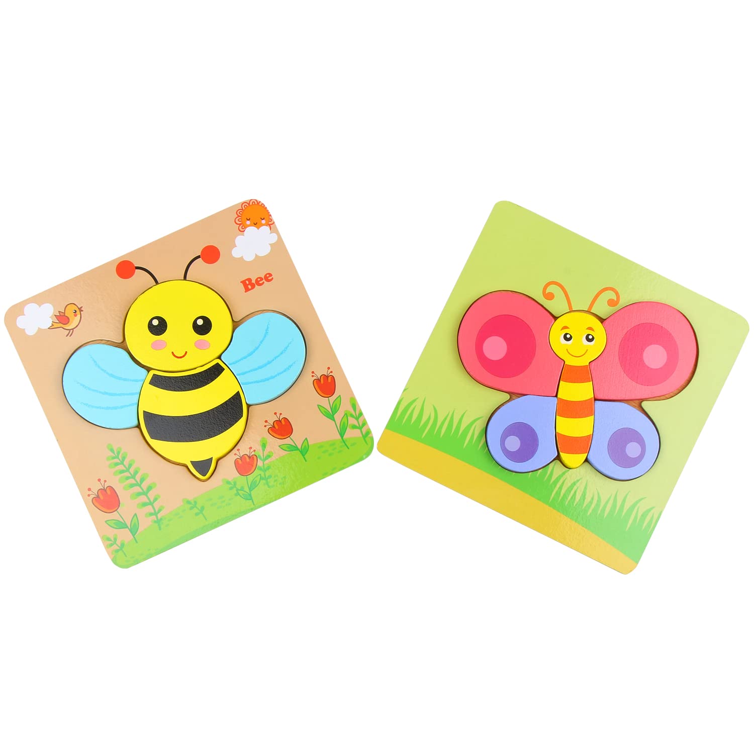 FINGOOO 2 Pack Wooden Puzzles for Toddlers 1-3,Baby Puzzle Educational Toy Gift (Butterfly Bee)