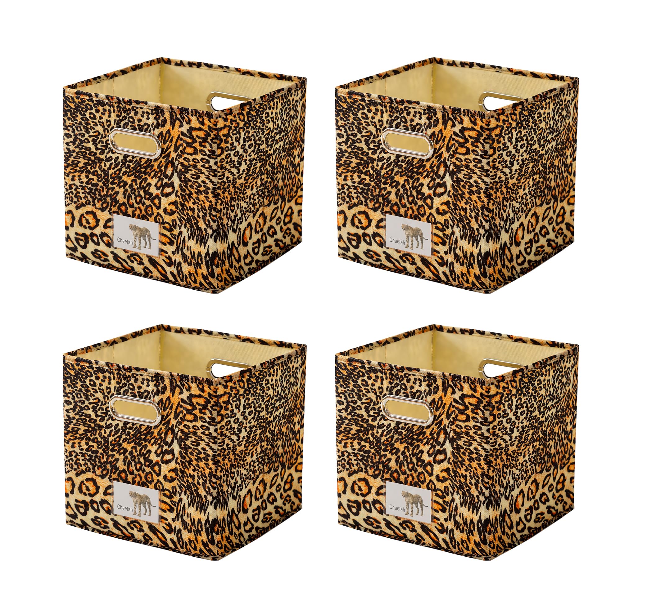 BeigeSwan Foldable Animal Leopard [Set of 4] Cube Storage Bins, Collapsible Fabric Organizer Container Boxes w/ Handles – 11 x 11 x 11 Inches