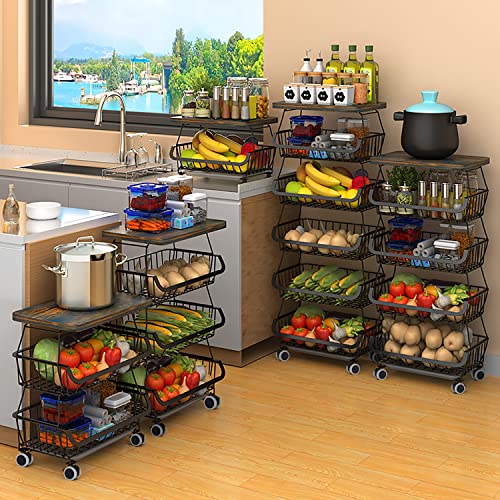 BEEY Vegetable Storage Rack with Wood Tabletop 5 Tier Stackable Storage Baskets with Wheels Vegetable Fruit Baskets Utility Cart Rack for Pantry,Garage