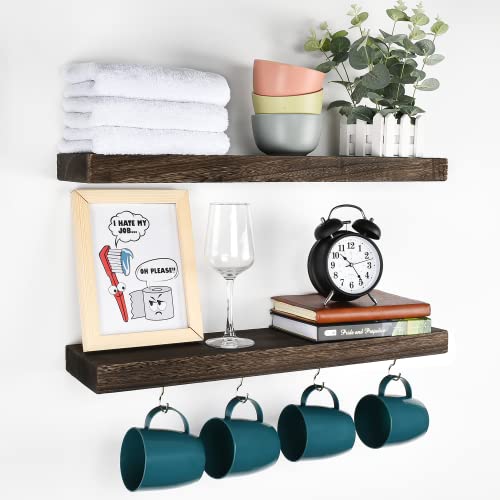 Floating Shelves for Wall Set of 2, Rustic , 24 Inch, Natural Dark Wood ,Farmhouse, Thick Floating Shelf for Bathroom, Bedroom, Kitchen, Living Room, Office