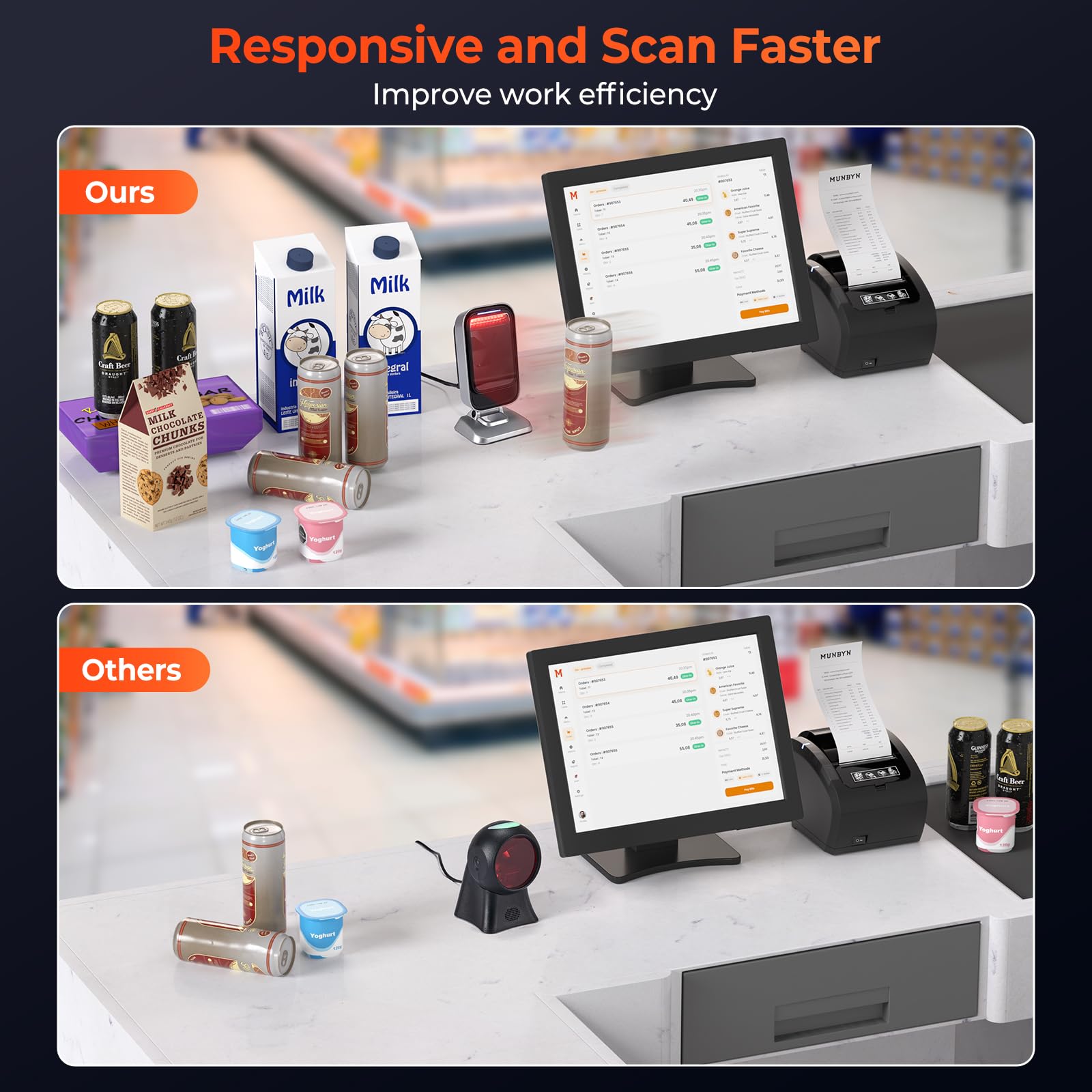 MUNBYN 1D 2D QR Desktop Barcode Scanner Omnidirectional Manual/Automatic Image Sensing Scanner Hands-Free USB Scanner for Windows, Linux, Mac PC for Mobile E-Payment, Supermarket, POS System, Library