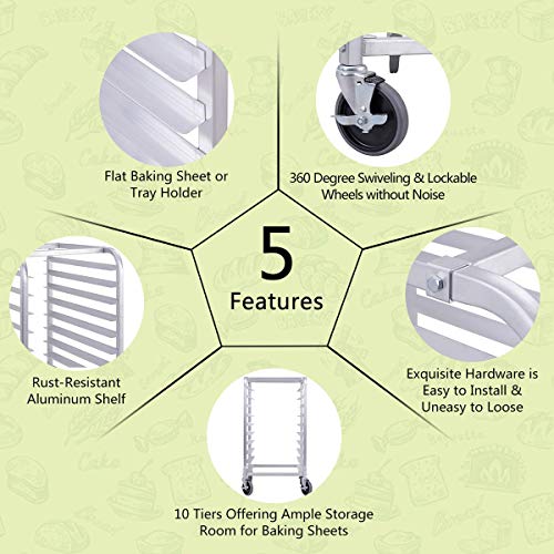 Giantex 10 Tier Aluminum Bakery Rack Home Commercial Kitchen Bun Pan Sheet Rack Mobile Sheet Pan Racking Trolley Storage Cooling Rack w/Lockable Casters