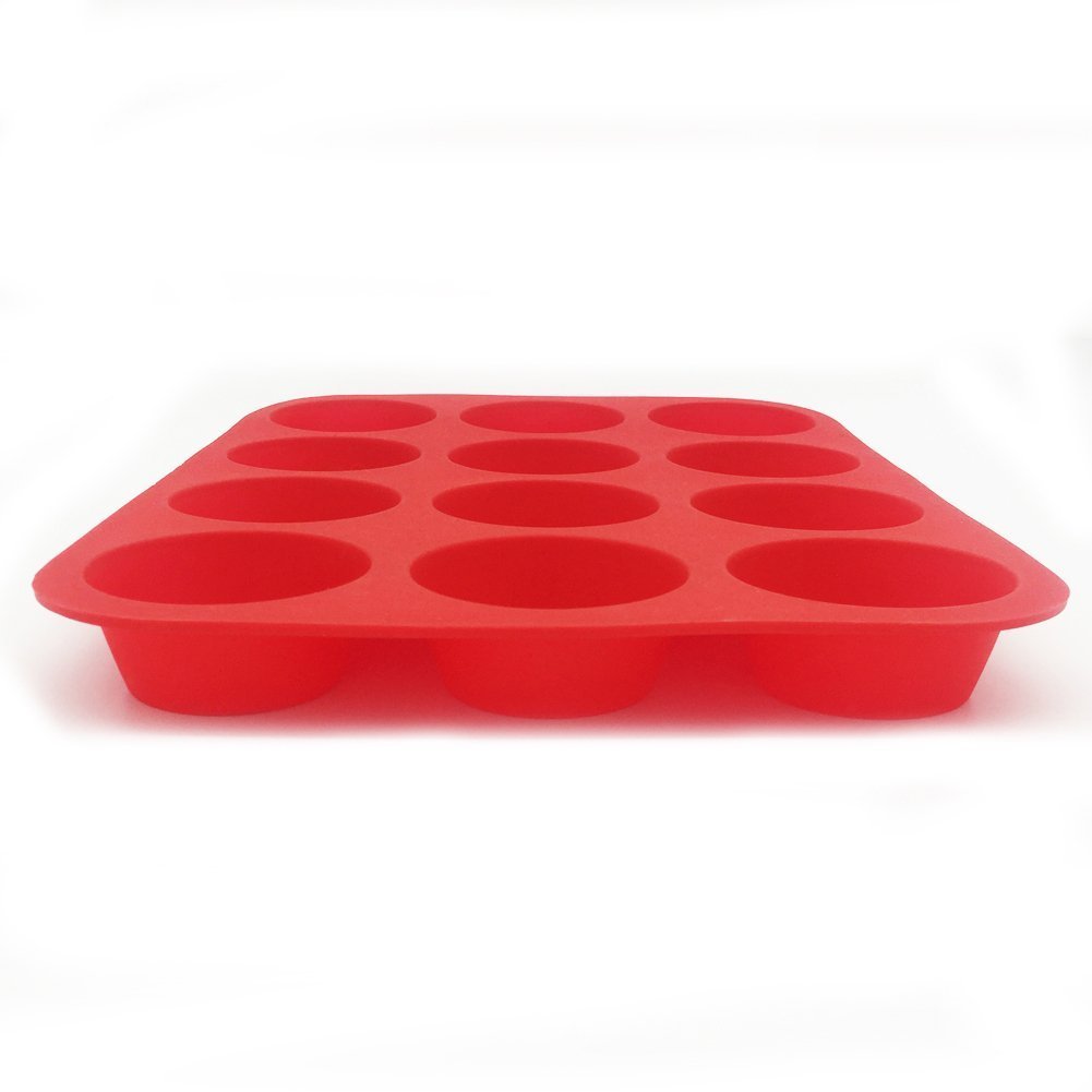 BakeWarePlus 12 Cups Silicone Muffin Cupcake Pan Baking Mold Red Non-stick Reusable and Heat Resistant