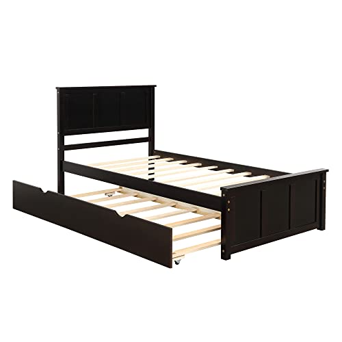 CITYLIGHT Twin Bed Frame with Trundle, Twin Trundle Bed with Headboard, Wood Twin Platform Bed for Kids,Girls,Boys or Guest Room,No Box Spring Needed,Espresso