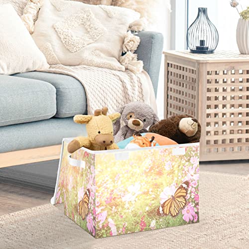 Blueangle Collapsible Storage Boxes 1 Pack, Cosmos Flower Field Butterfly Storage Baskets with Lids and Handle for Home Bedroom Closet Office（78）