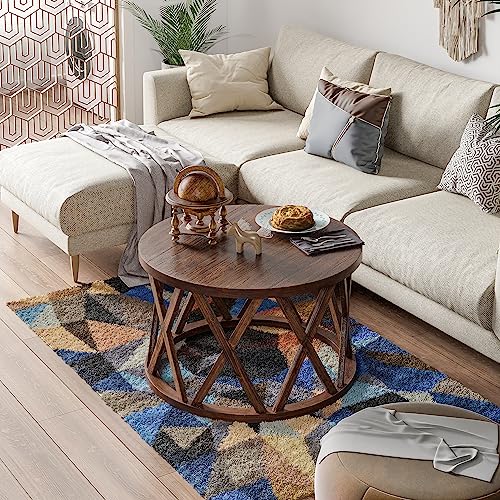 COZAYH Farmhouse Coffee Table, Rustic Round Coffee Table with X-Motifs Legs, Wood Textured Top, for Boho, French Country Decor, Brown