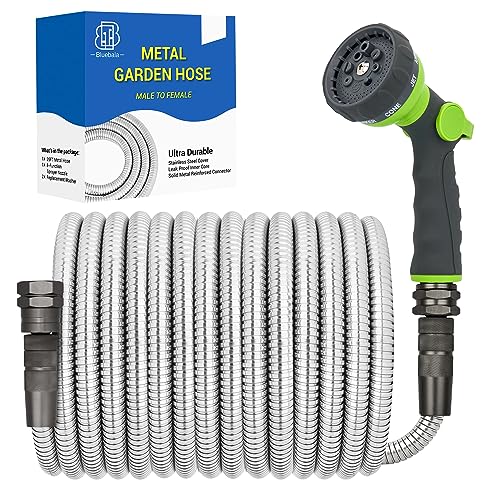 Bluebala Metal Garden Water Hose - 50FT Heavy Duty Stainless Steel Water Hose with 8-Mode Spray Nozzle, 3/4" Fittings, Reinforced Connector, Leak Proof, Puncture Resistant, No Kink, Lightweight Hose
