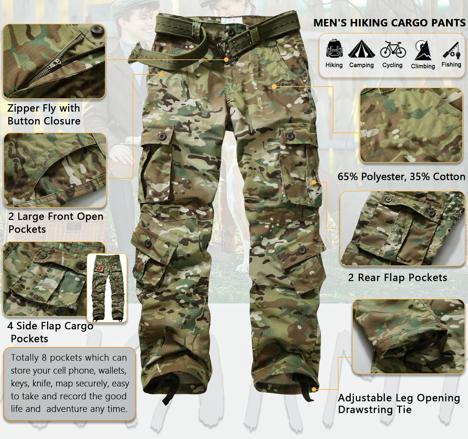 AKARMY Men's Lightweight Hiking Pants, Outdoor Quick Dry Ripstop Cargo Pants, Multi-Pocket Camo Casual Work Pants HY3355 CP Camo 36