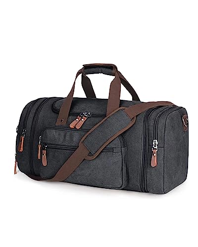 Canvas Duffle Bag Mens with Shoes CompartmentïŒïŒ50L/55LïŒTravel Bag for Men Adjustable Capacity Weekend Overnight Bag Carry on Bag Hospital Holdalls (Black)