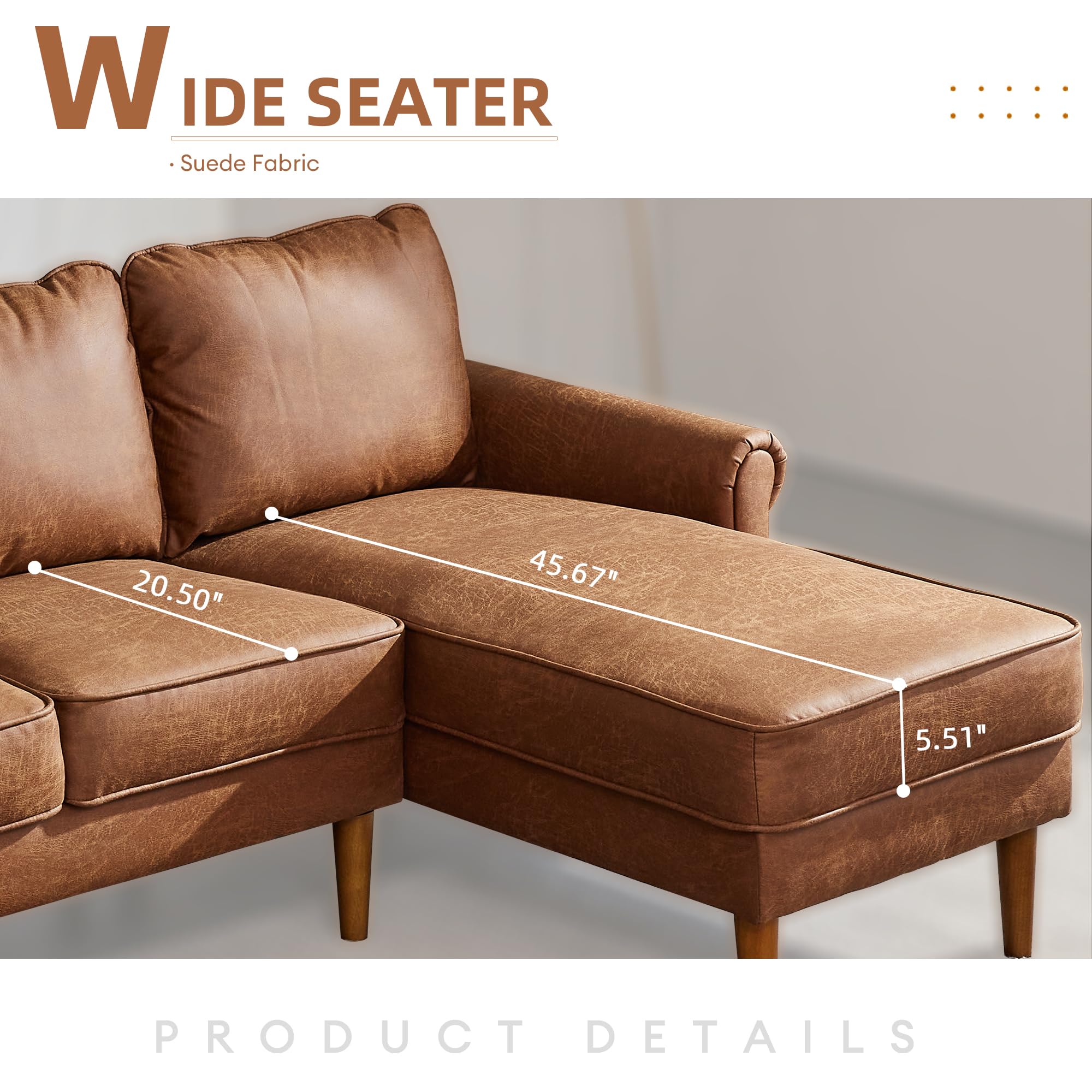 Weaxty 81.55" Sofa Couch, L Shaped Faux Leather Sectional with Chaise Suede Fabric Couch Sofas with Comfortable Cushions for Small Space Living Room Apartment, Right Chaise Brown
