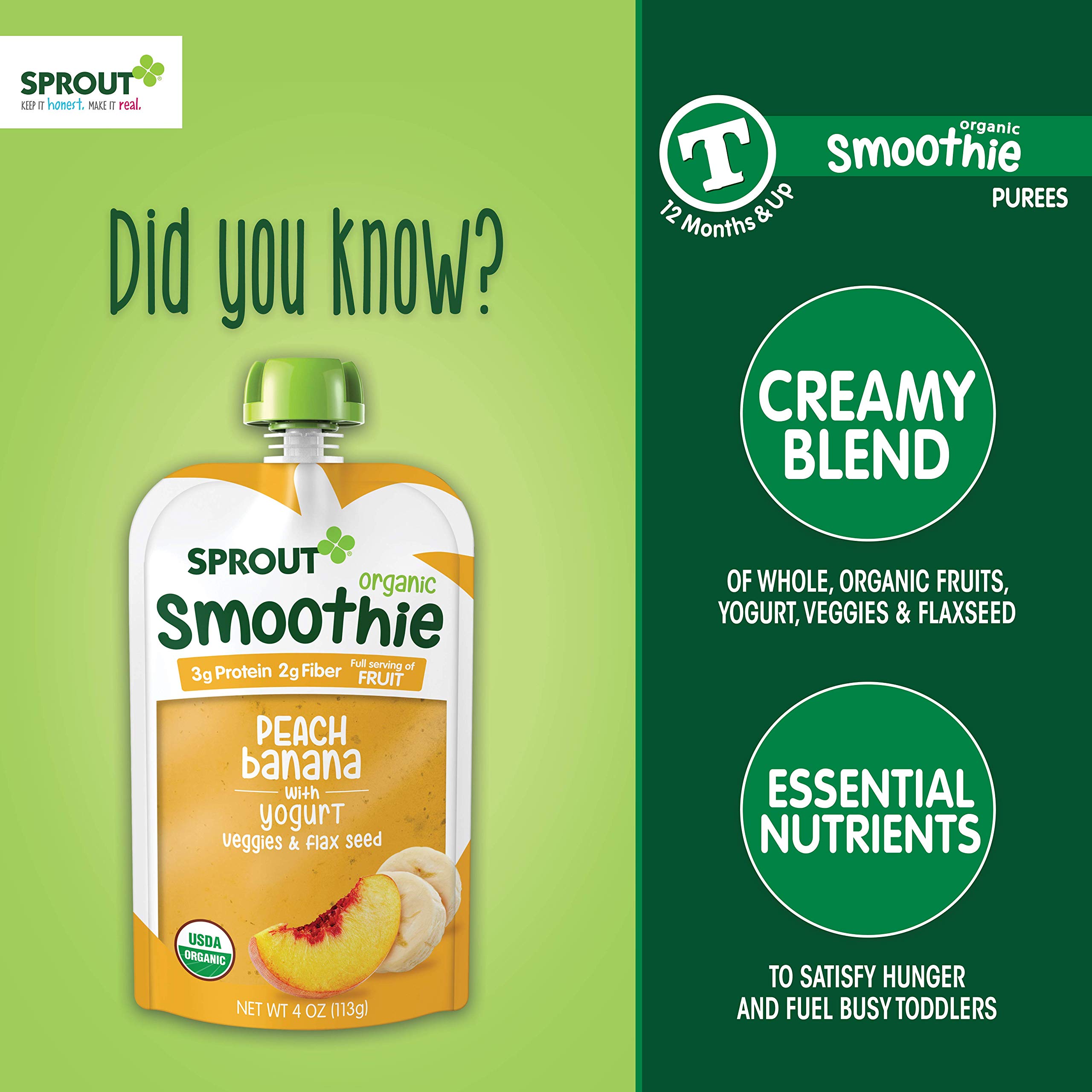 Sprout Organic Toddler Smoothie, Peach Banana w/ Yogurt, 4 Ounce Pouch (Pack of 6)