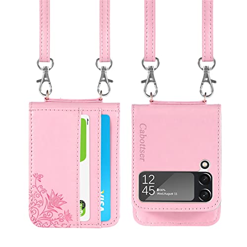 Cabottser Case for Samsung Galaxy Z Flip 3 / Z Flip 4 Wallet Phone Case Lanyard Crossbody, Pink Women Men Soft PU Leather Hard PC Adjustable Strap Card Slots Shockproof Flip Cover for Z Flip 3/4