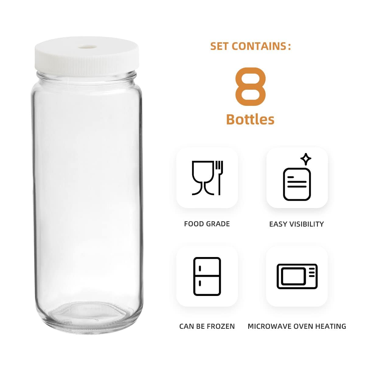 OAMCEG 8 Pack 16OZ Glass Juice Bottles with Straw Lids - Smoothie Cups with Lids and Straws, Reusable Juice Bottles for Juicing, Glass Drinking Mason Jars Travel Bottles Cup (Perforated Cover)