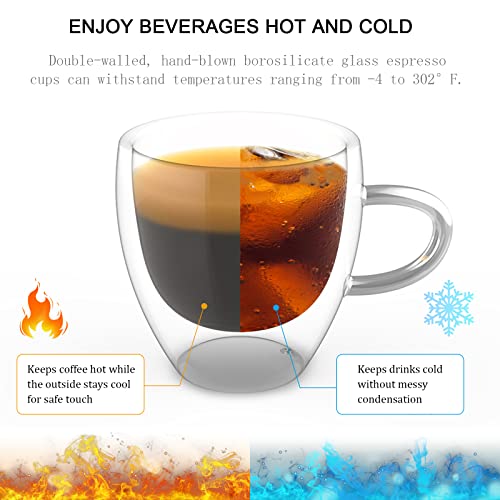 Espresso Cups 2.8 OZ Double Walled Glass Espresso Cups Set of 4 Thermo Insulated Espresso Coffee Cups with Handle Double Espresso Cups Espresso Shot Cups Father's Day Gift
