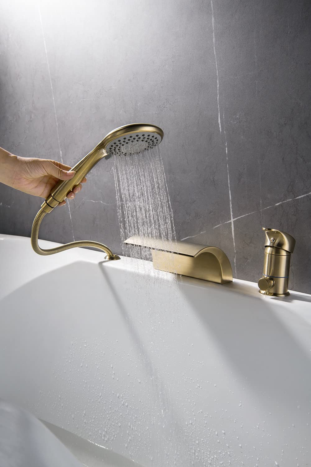 Brushed Gold tub faucet with sprayer Holes with Waterfall Tub Spout Filler with Handheld Shower High Flow