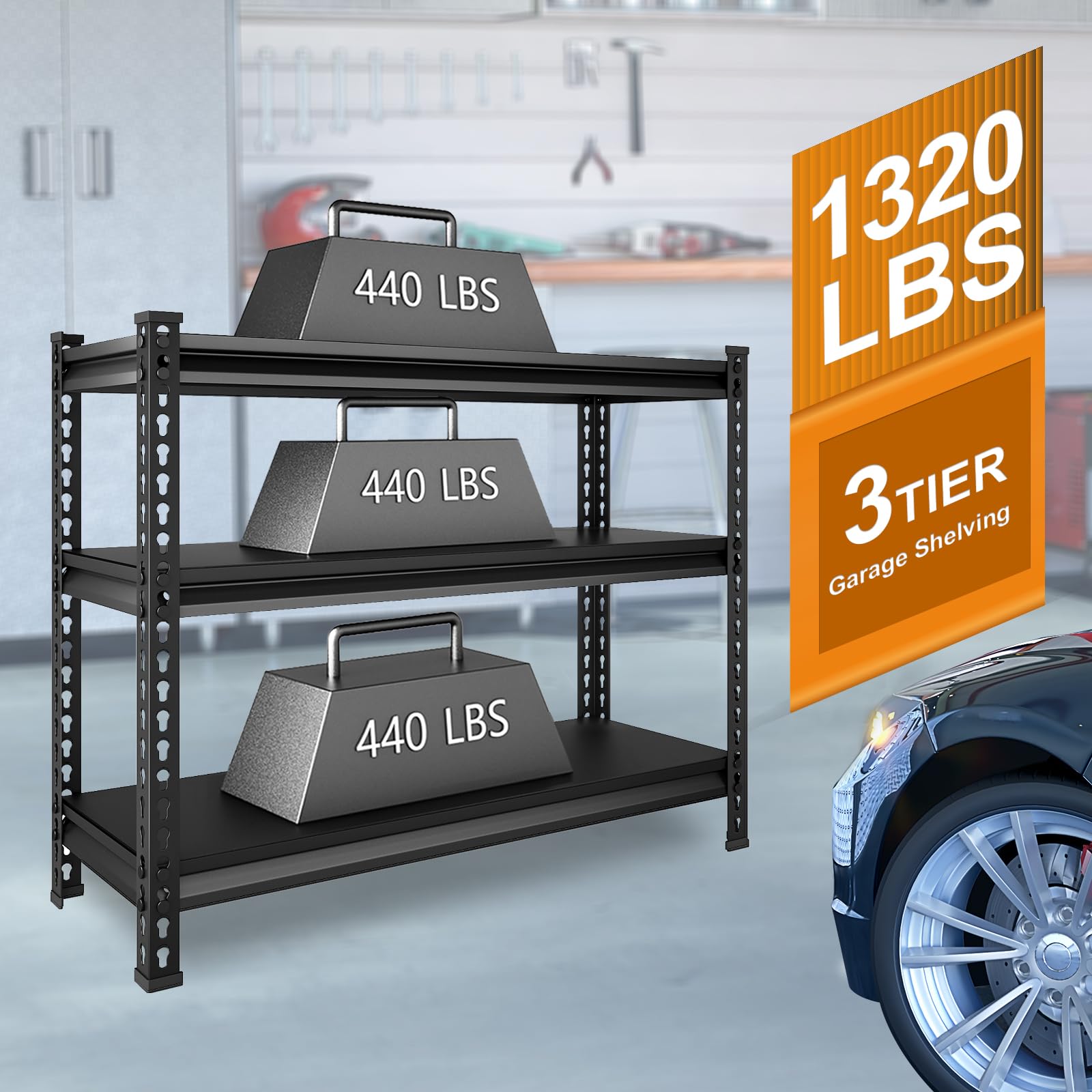 SDXYSTCE 3-Tier Garage Shelving Heavy Duty,40”W x 18”D x 36”H Metal Shelving Unit,1320 lbs Weight Capacity Adjustable Storage Shelves for Retiple Tanks, Aquariums, Pantry, Garage,Black