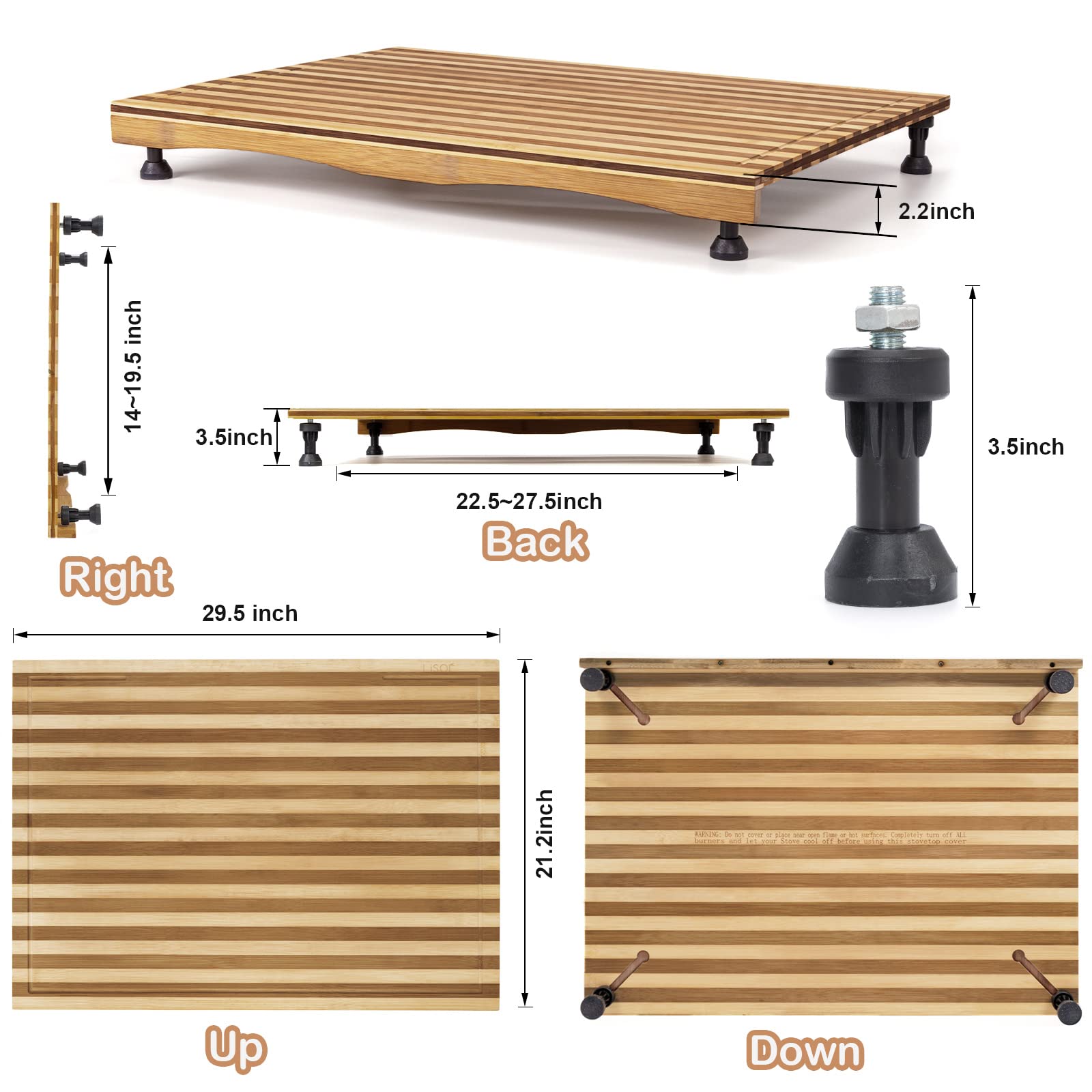 Bamboo Stovetop Cover&Countertop Cutting Board with Adjustable Legs, Dual-purpose Chopping Board for Electric Stove Burner, Workspace Block Cover for RV Camping Camper Gas Cook Top Cover