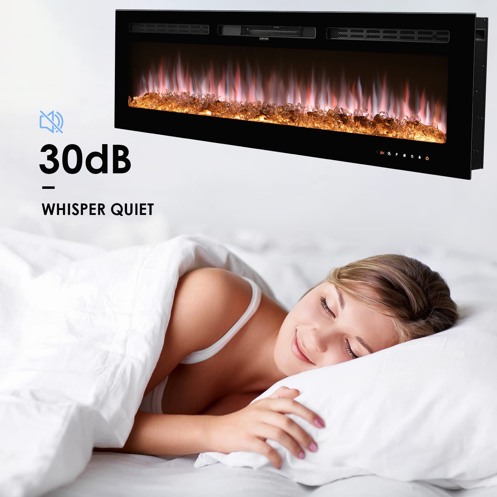 AthLike 60'' Recessed and Wall Mounted Electric Fireplace, 750/1500W Low Noise Linear Heater, with Multicolor Flame and 5 Flame Brightness, Log&Crystal, Touch Screen Remote Control,1-8h Timer, Black