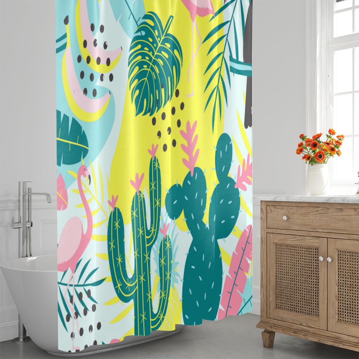 Aglebo Toucan Flamingos Cactuses Leaves Shower Curtain Fabric Shower Curtain Set with 12 Hooks Water-Proof 72 * 72 Inches for Bathroom Beach Caravan Hotel
