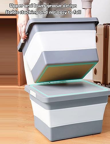 Beinilai Collapsible Storage Bins with lids,26 Qt Plastic Storage Bin Containers Tote Organizing with Secure Buckles,Suitable for Family Outdoor Multi-scene,Grey