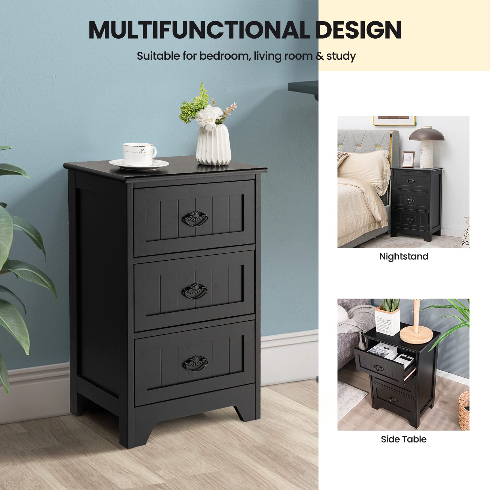 Giantex Nightstand with 3 Drawers, Bedside Table with Exquisite Metal Handles, Accent Table Sofa Side Table with Anti-toppling Device for Bedroom, Study, White