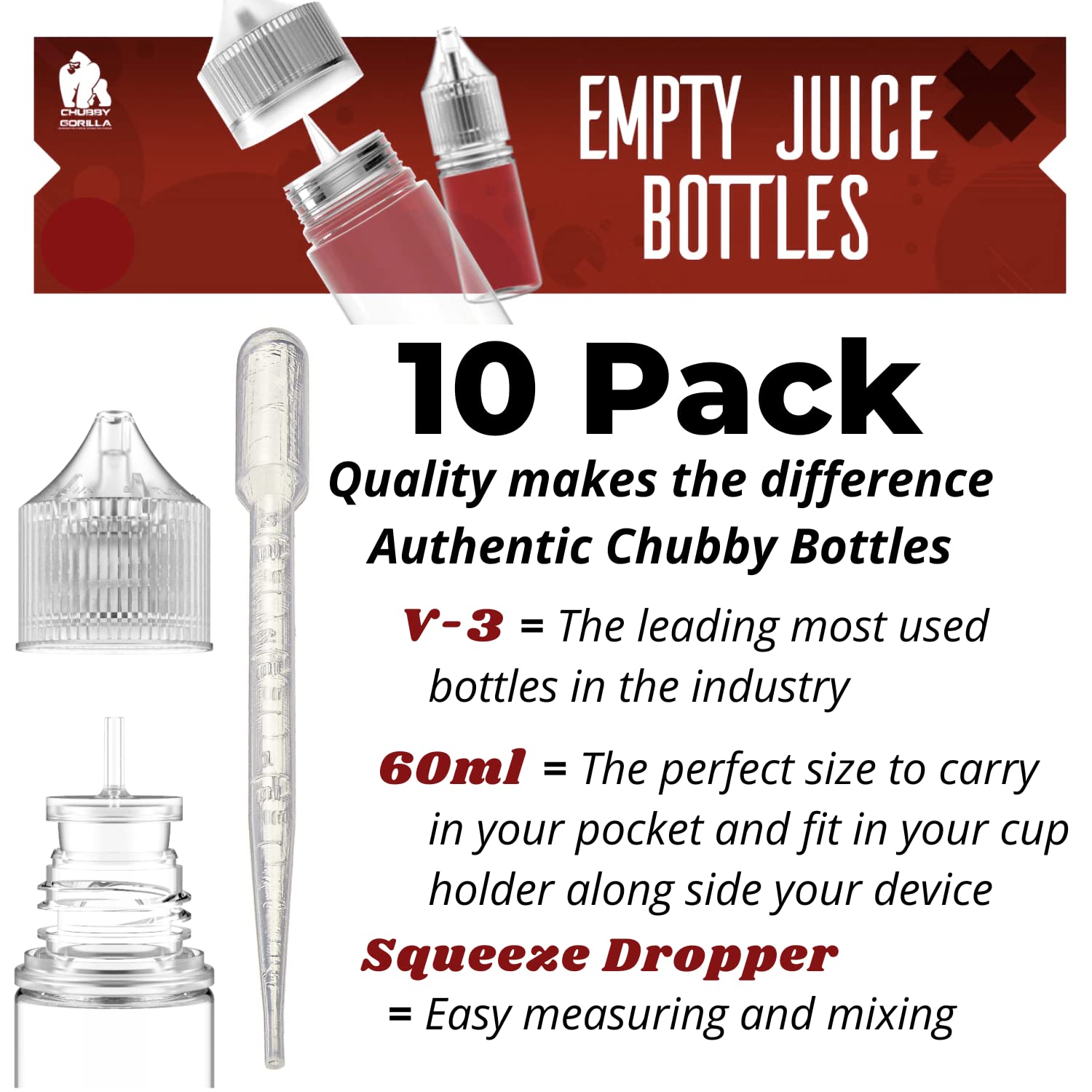 Chubby Gorilla 60ml V-3 Clear PET Plastic Unicorn Squeeze Bottle (10 Pack) Dropper bottle REUSABLE, Child Resistant Cap, Easy Drip Tip Applicator Dropper Bottles with Squeeze Dropper