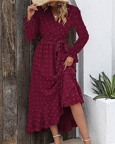 BTFBM Women's Boho Wrap Maxi Dress Summer Fall V Neck Swiss Dot Long Sleeve Flowy Slit Wedding Party Cocktail Dresses(Swiss Dot Wine Red, Small)