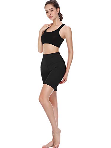 CADMUS Women's High Waist Spandex Yoga Shorts for Bike Running Two Side Pockets,1010,Black,Black,Black,Medium