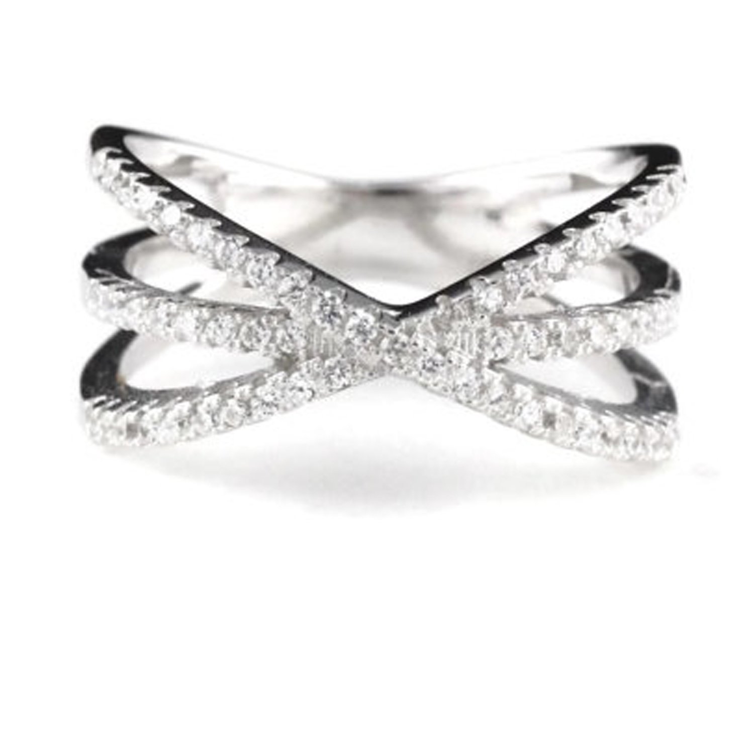 925 Sterling Silver Triple X Crisscross Ring micro pave Clear CZ accent Ring, Size-10