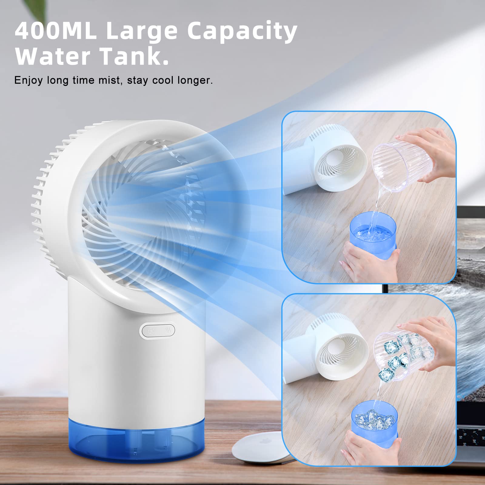 Ankuwa Personal Air Cooler, 3 in 1 Personal Desktop Cooling Fan 3 Speeds, Evaporative Portable Air Conditioner with 400ml Water ‎365-B 0