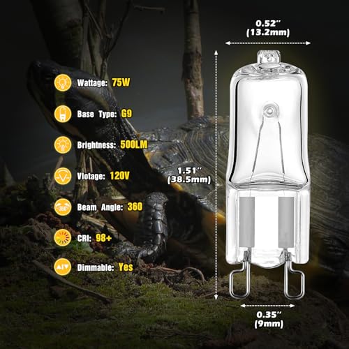 9 Pack Heat Lamp Bulbs for Reptile Dimmable G9 Mini Halogen Bulbs Warm White 75W Essential Heat Source for Bearded Dragon Gecko Turtle Lizard(9Pack)