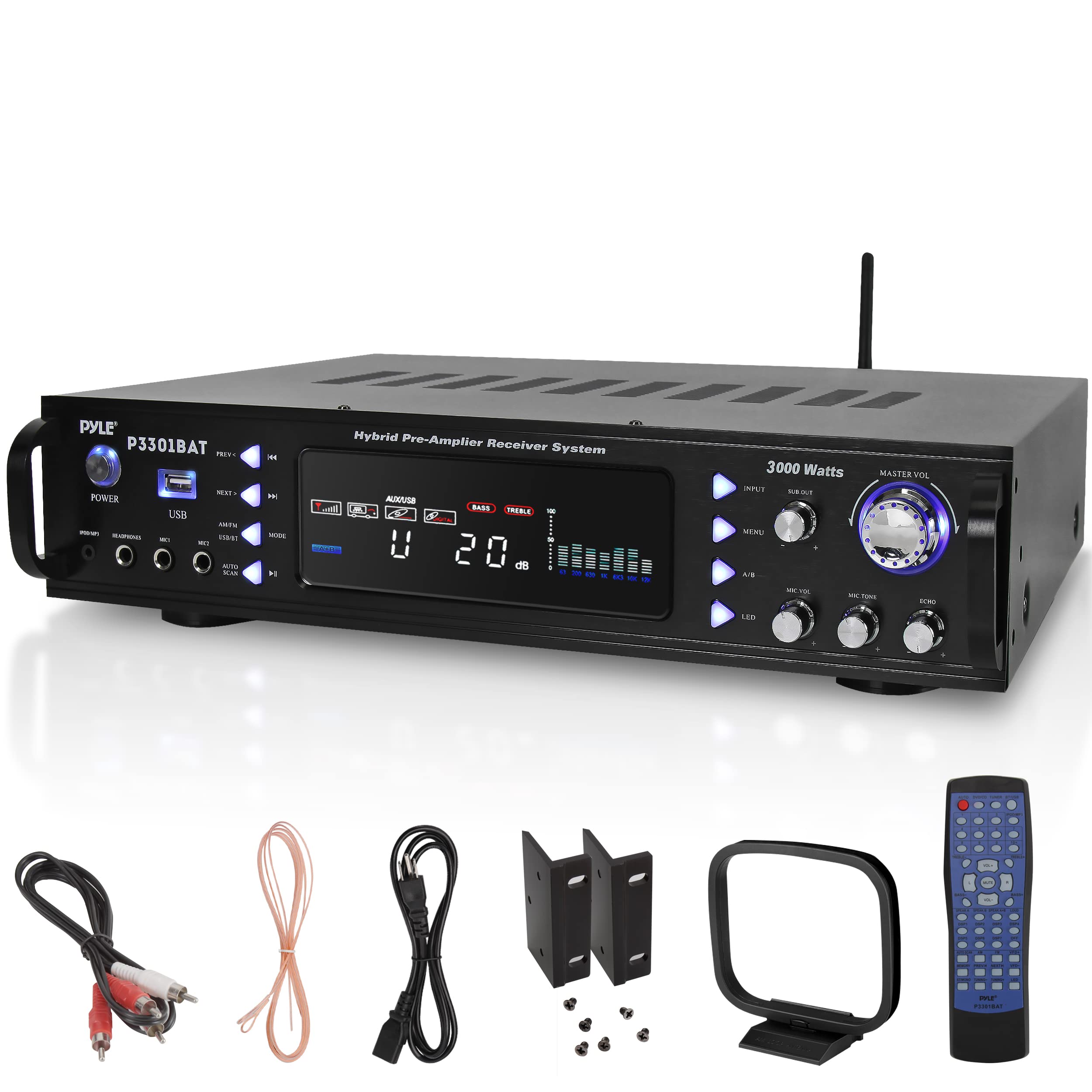 Pyle Wireless Bluetooth Home Stereo Amplifier- Hybrid Multi-Channel, 3000W Power Amplifier, Home Audio Receiver System w/ AM/FM Radio,MP3,USB, AUX, RCA, Karaoke Mic in, Rack Mount, Remote- P3301BAT.5