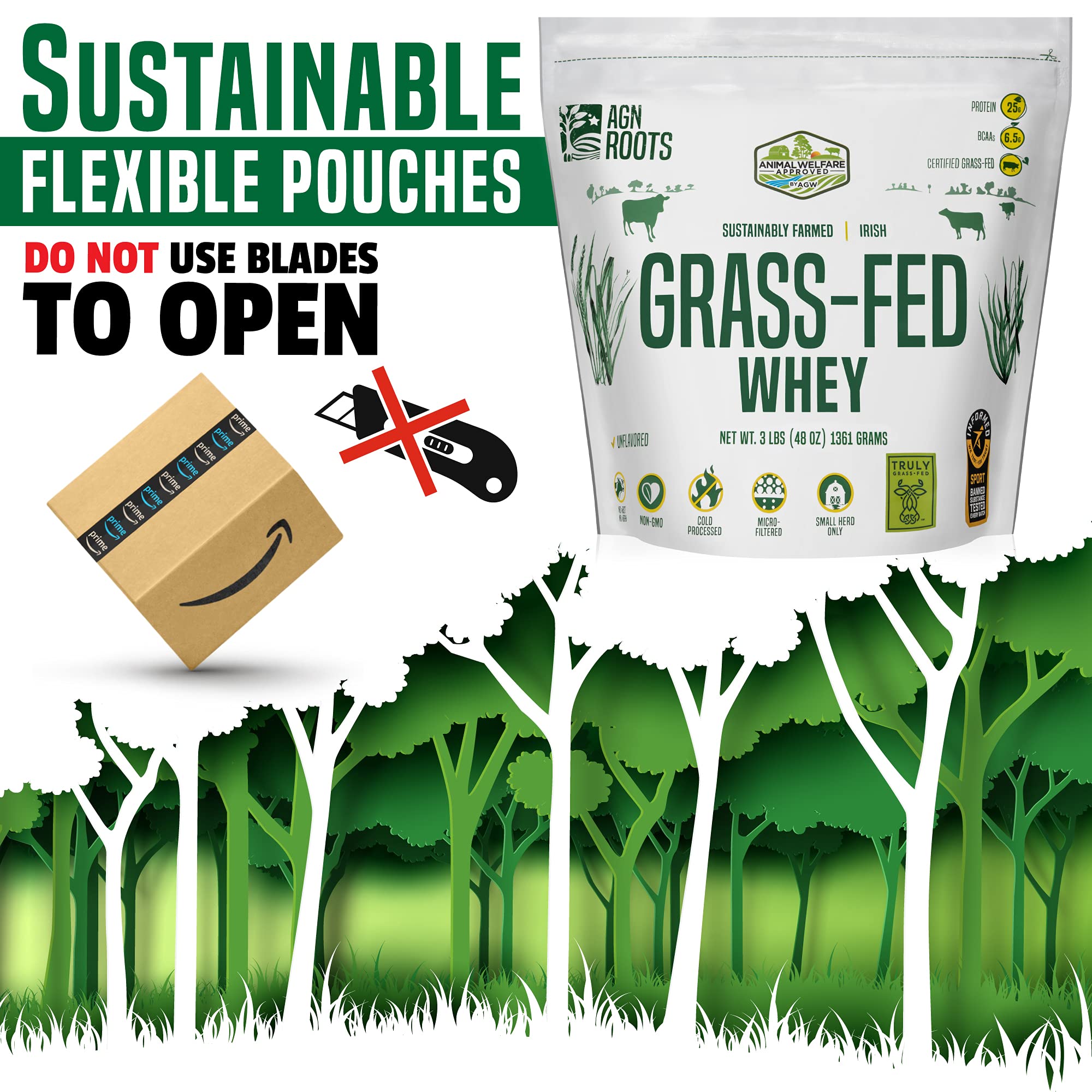 AGN Roots Grass Fed Whey Protein Powder Isolate - Unflavored - Unsweetened - Certified Entire Life On Pasture by A Greener World - ASPCA Registered - Informed Sport - Dairy Protein 1lbs