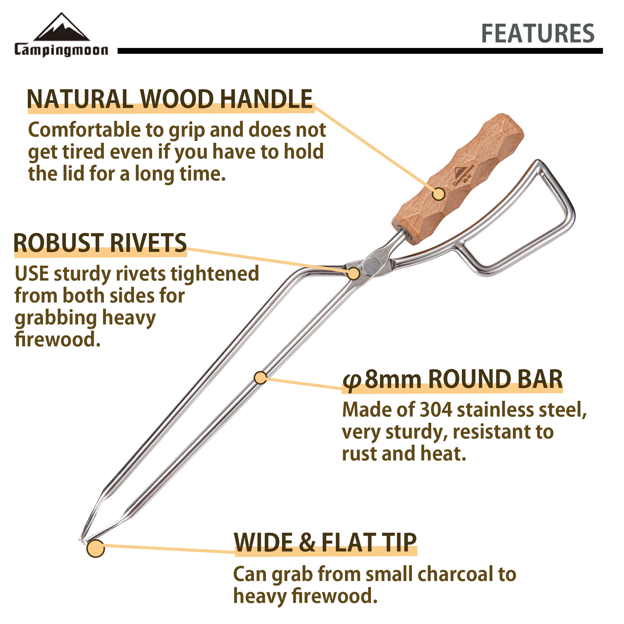 CAMPINGMOON Stainless Steel Fireplace Firewood Tongs MS-42