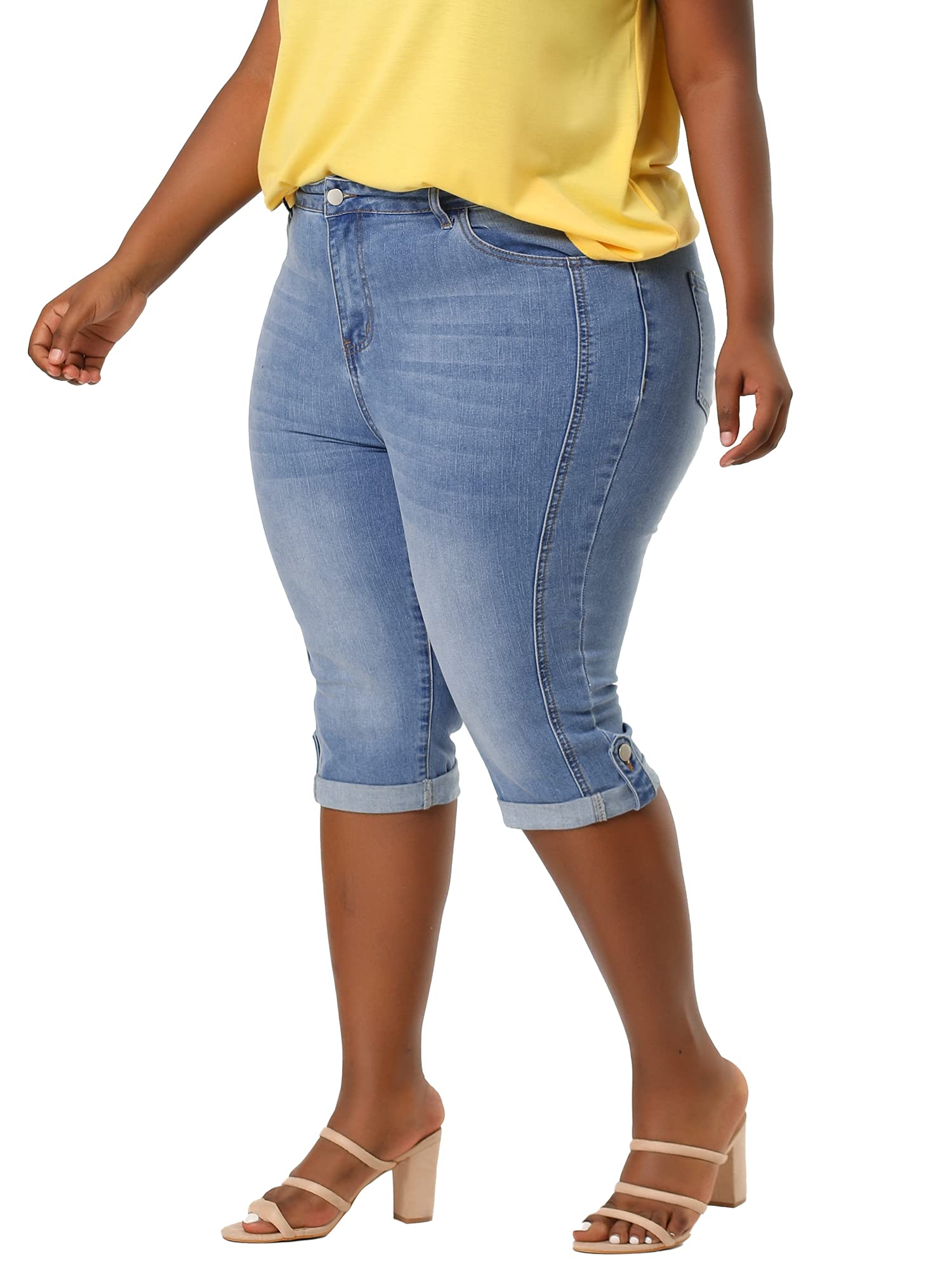 Agnes Orinda Capri Denim Jeans for Women's Plus Size Mid-Rise Fit Curvy Stretch Skinny Jean Capris with Pocket 4X Light Blue